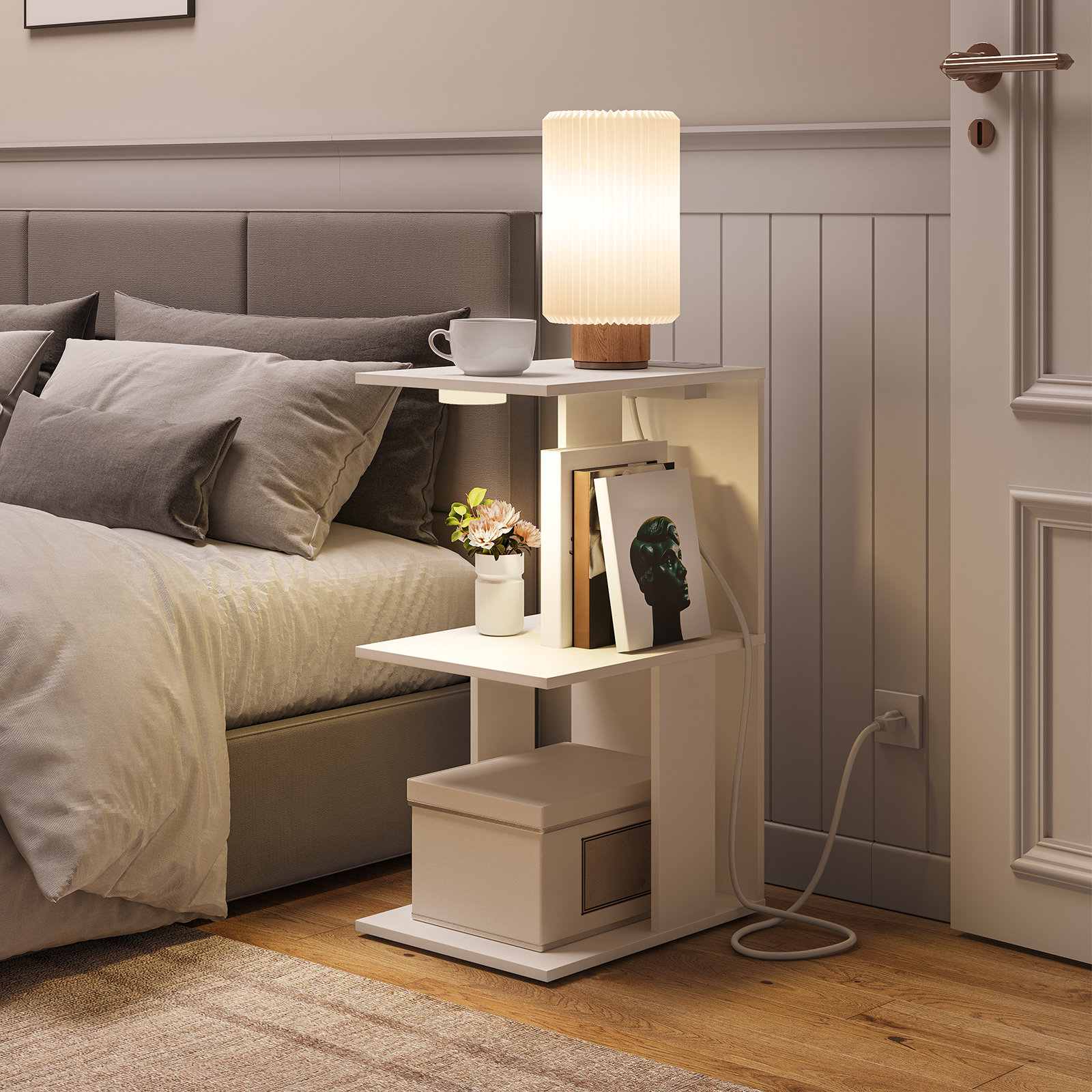 Ebern Designs Nikaila 24.4" Tall Narrow End Table with Charging Station and Light & Reviews ...